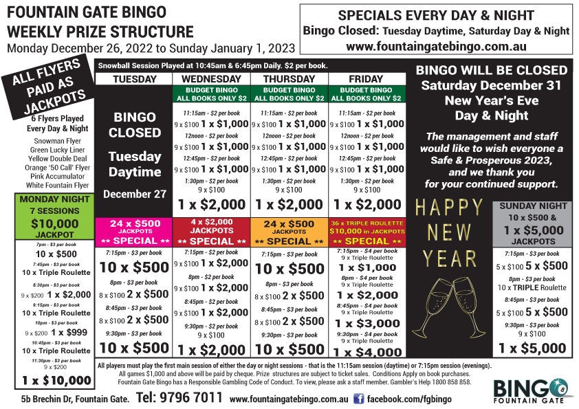 Fountain Gate Bingo - Prizes