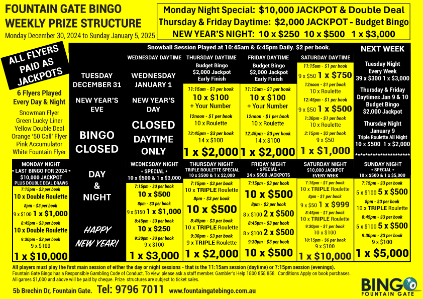 Fountain Gate Bingo - Prizes